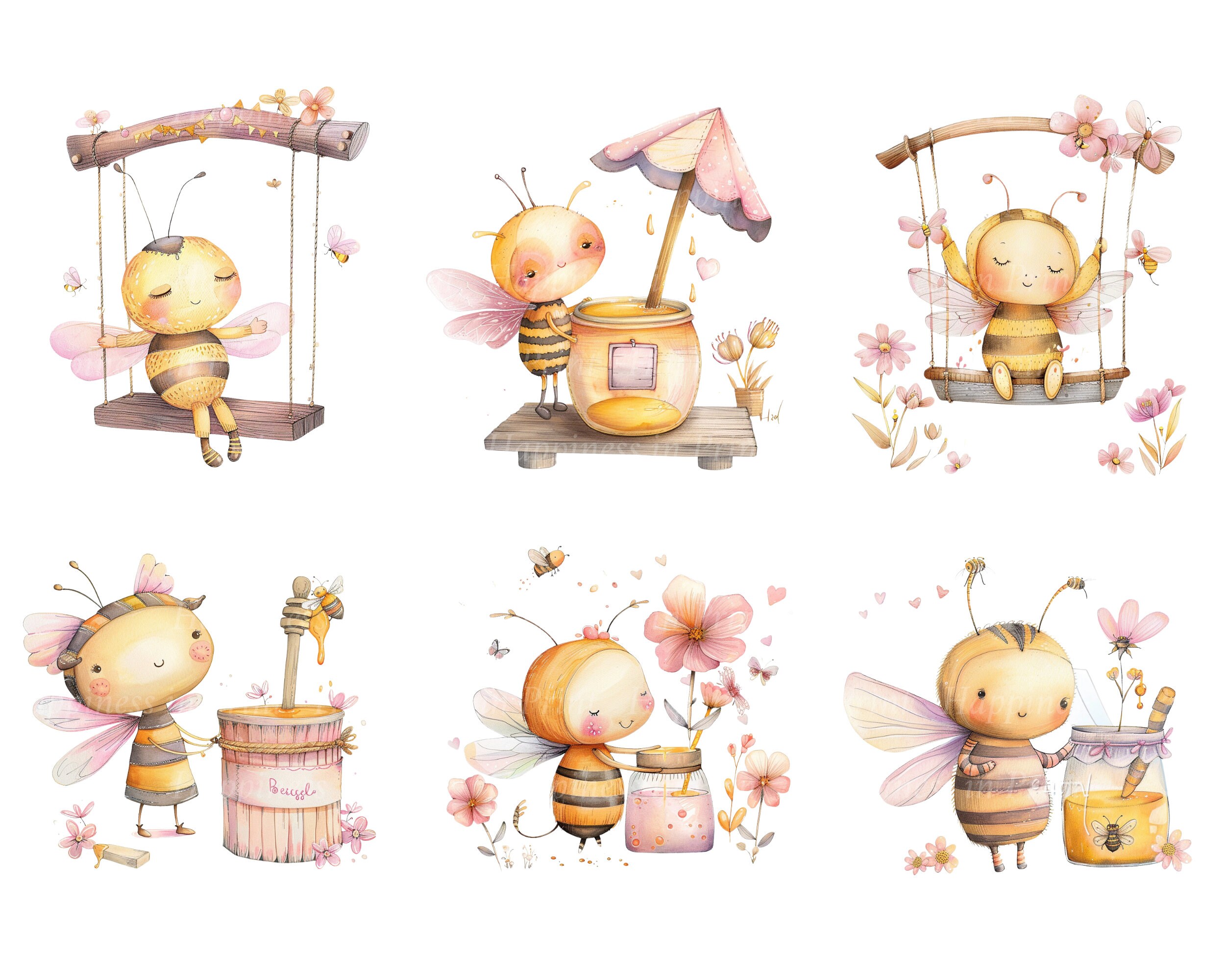 Watercolor Cute Bee Clipart Bees Clip Art Cute Animals Pastel Pink Bee ...