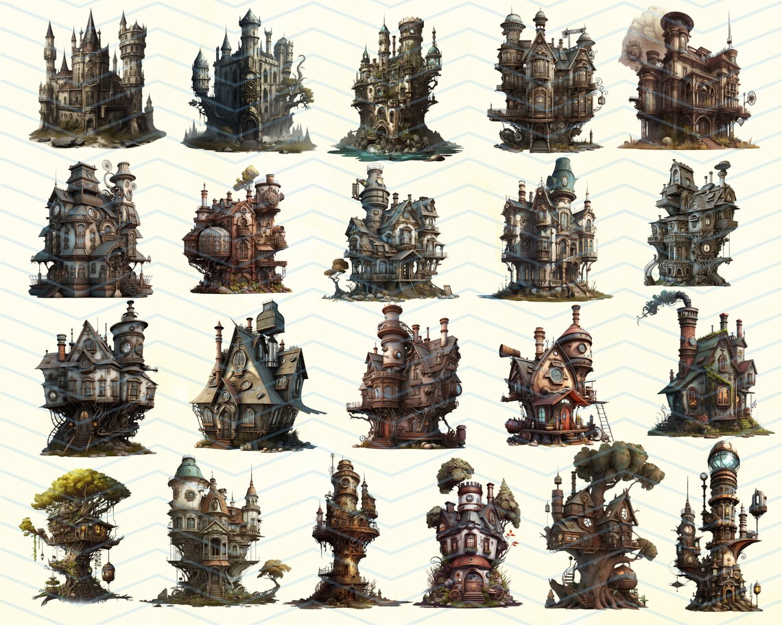 Steampunk Castles Mansions and Houses PNG Clipart Bundle - Etsy