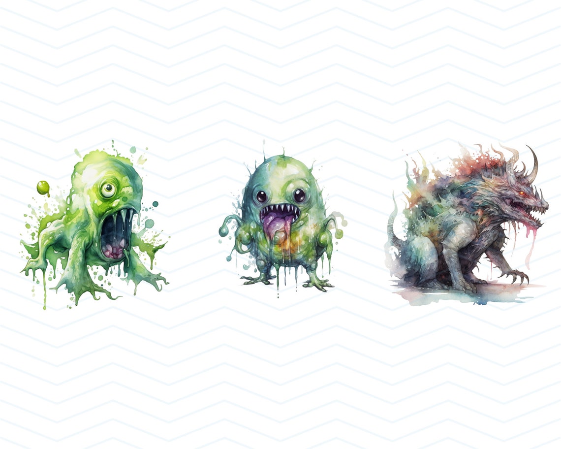Watercolor Scary Monster Clipart PNG Monster Watercolor PNG - Etsy