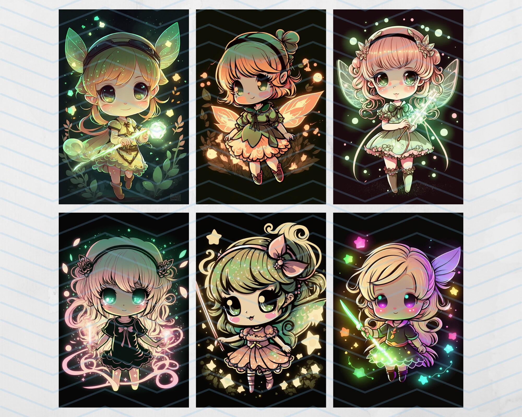 Cute Kawaii Neon Fairies and Pixies Clipart Bundle Chibi Fairy JPEG ...
