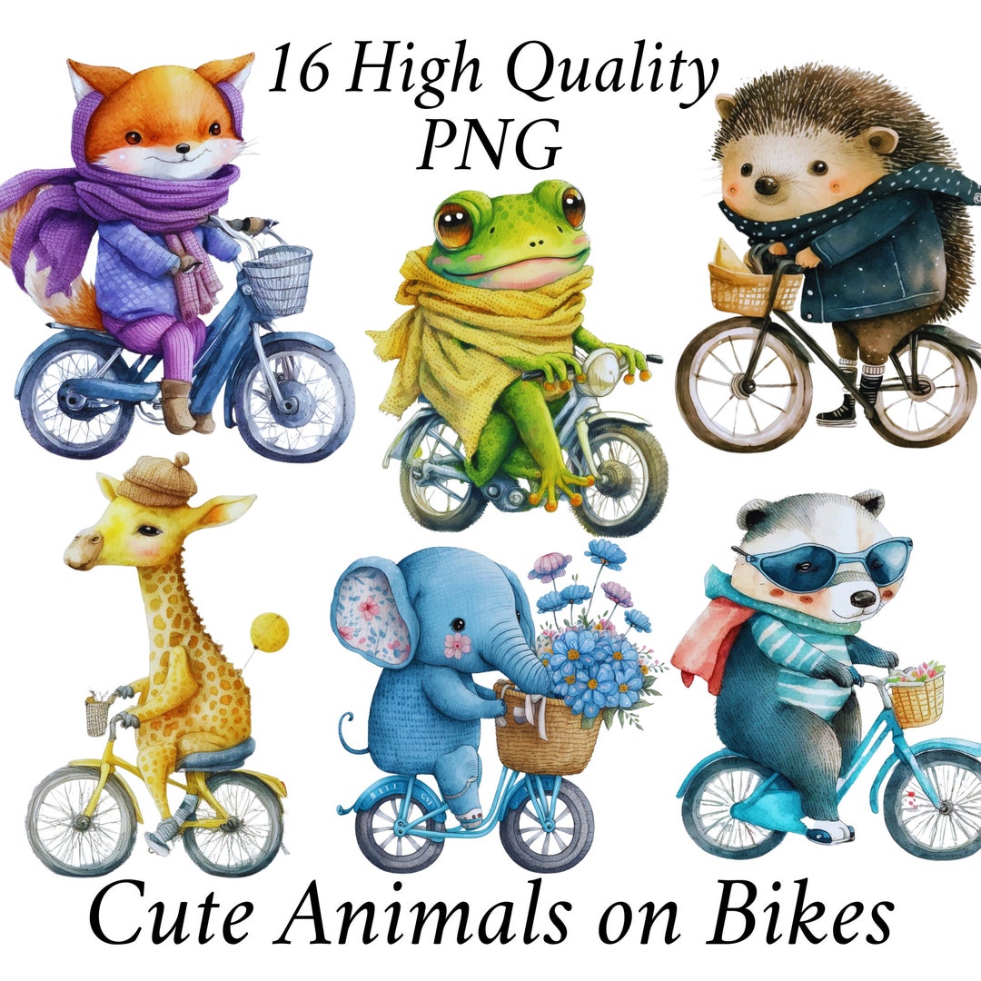 Animals on Bicycle Clipart Summer Clipart Fox on a Bike Png Watercolor Clipart Flower Bike Clip ...