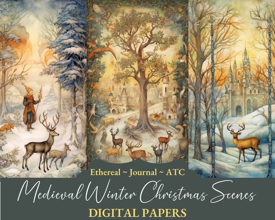 Medieval Winter Christmas Scene Digital Paper Watercolor Christmas ...