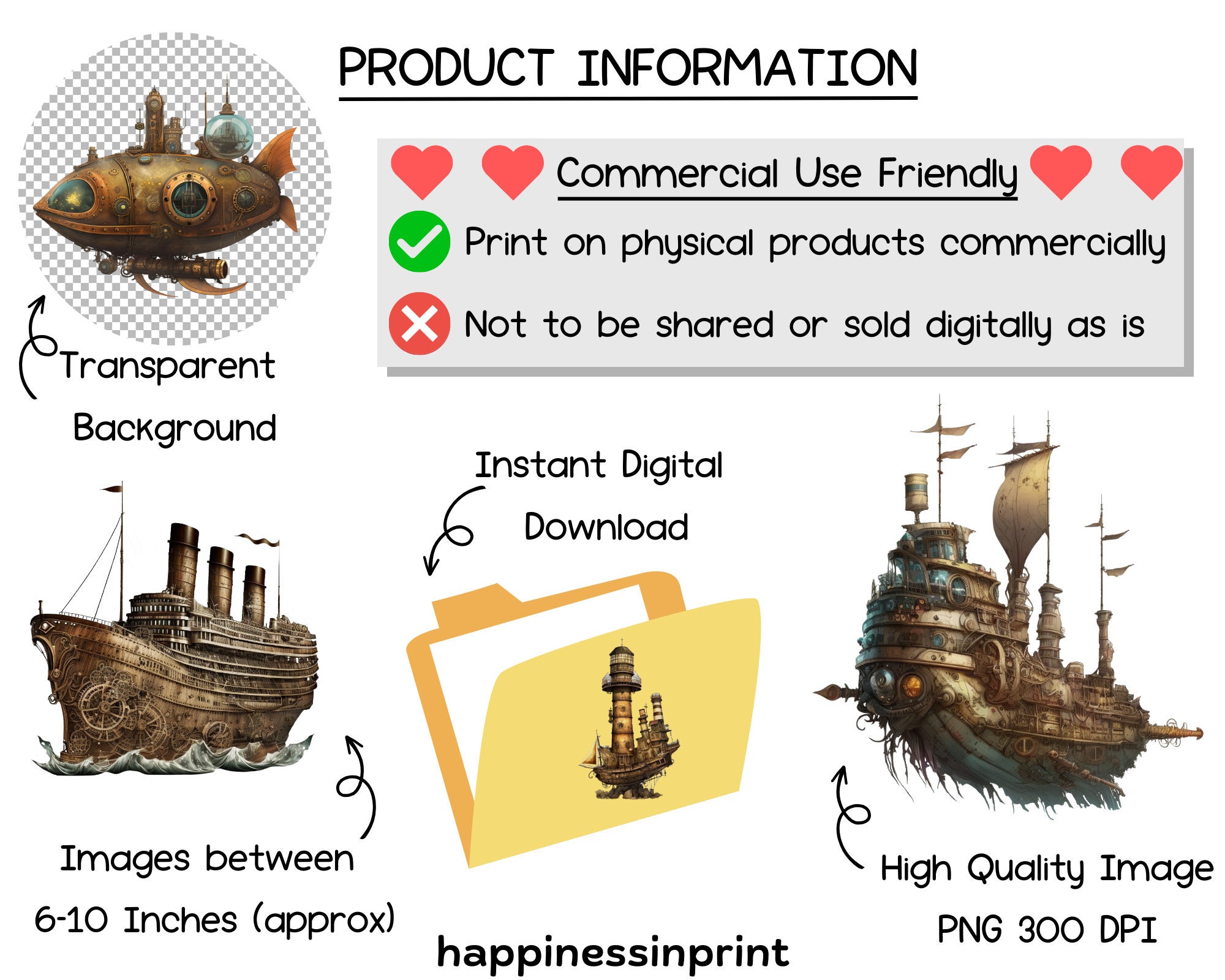 Steampunk Ships Boats Submarines PNG Clipart Bundle Steampunk Boats ...