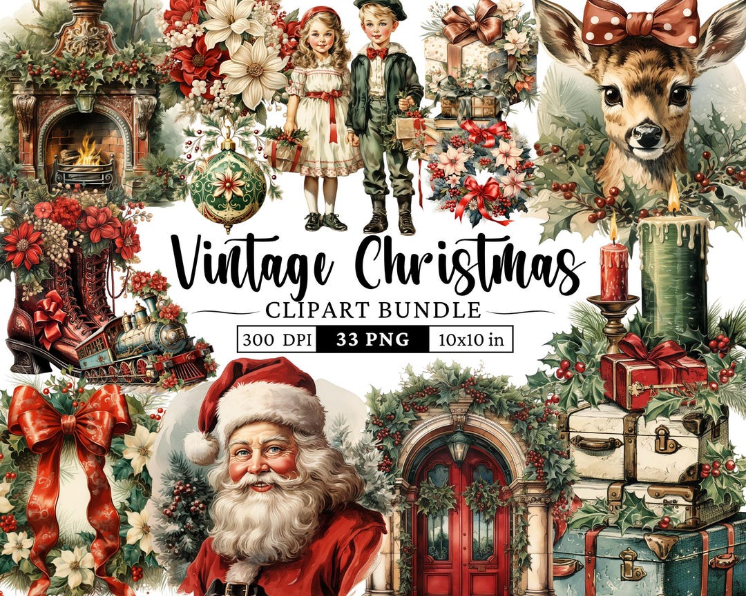 Vintage Watercolor Christmas Clipart Bundle Vintage Christmas PNG Junk ...