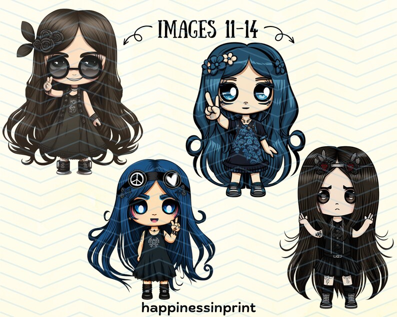 Cute Kawaii Goth Girl Peace Sign Hippy Clipart Chibi Bundle Free ...