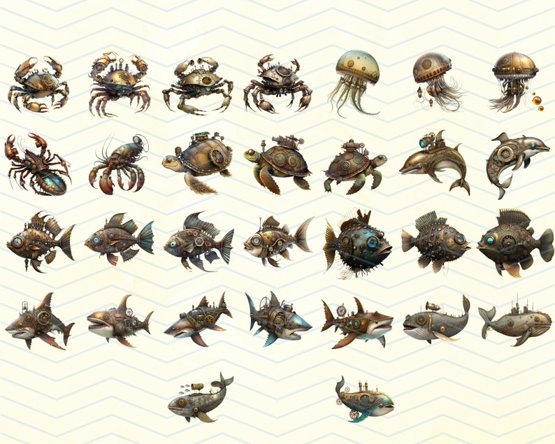 30 Steampunk Sea Creatures Clipart Bundle Steampunk Shark Whale Crab ...