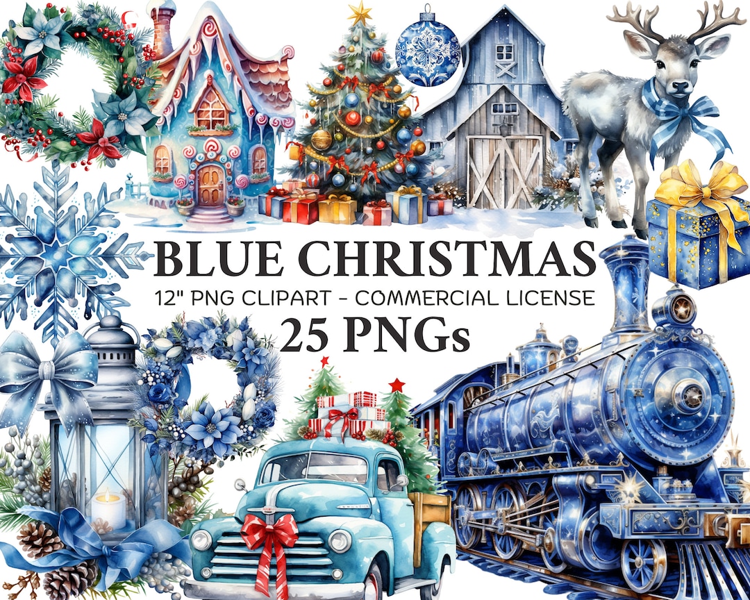 Blue Christmas Clipart Bundle, Watercolor Christmas Blue PNG Bundle ...