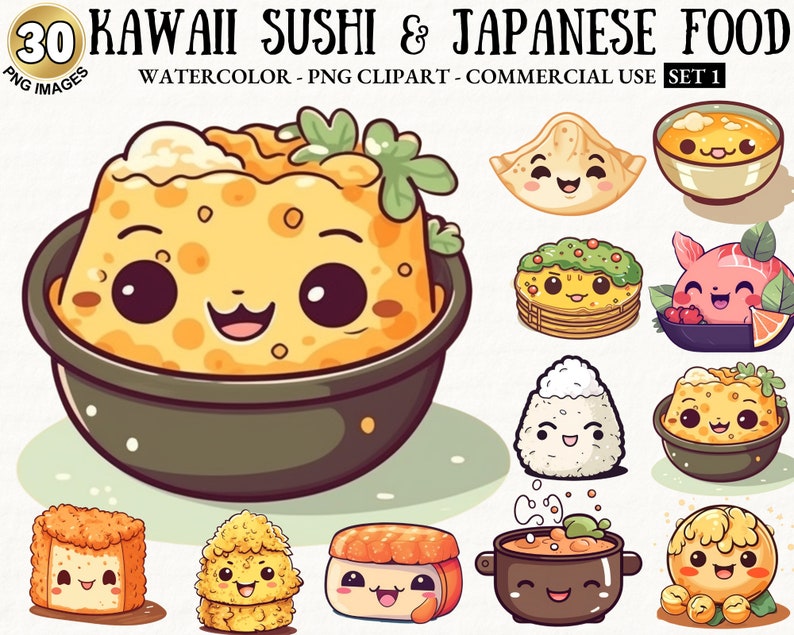 Kawaii Sushi and Japanese Food Clipart PNG Bundle Chibi Sushi Kawaii ...