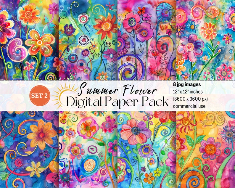 Summer Flower Digital Paper Commercial Use Watercolor Flower Background ...