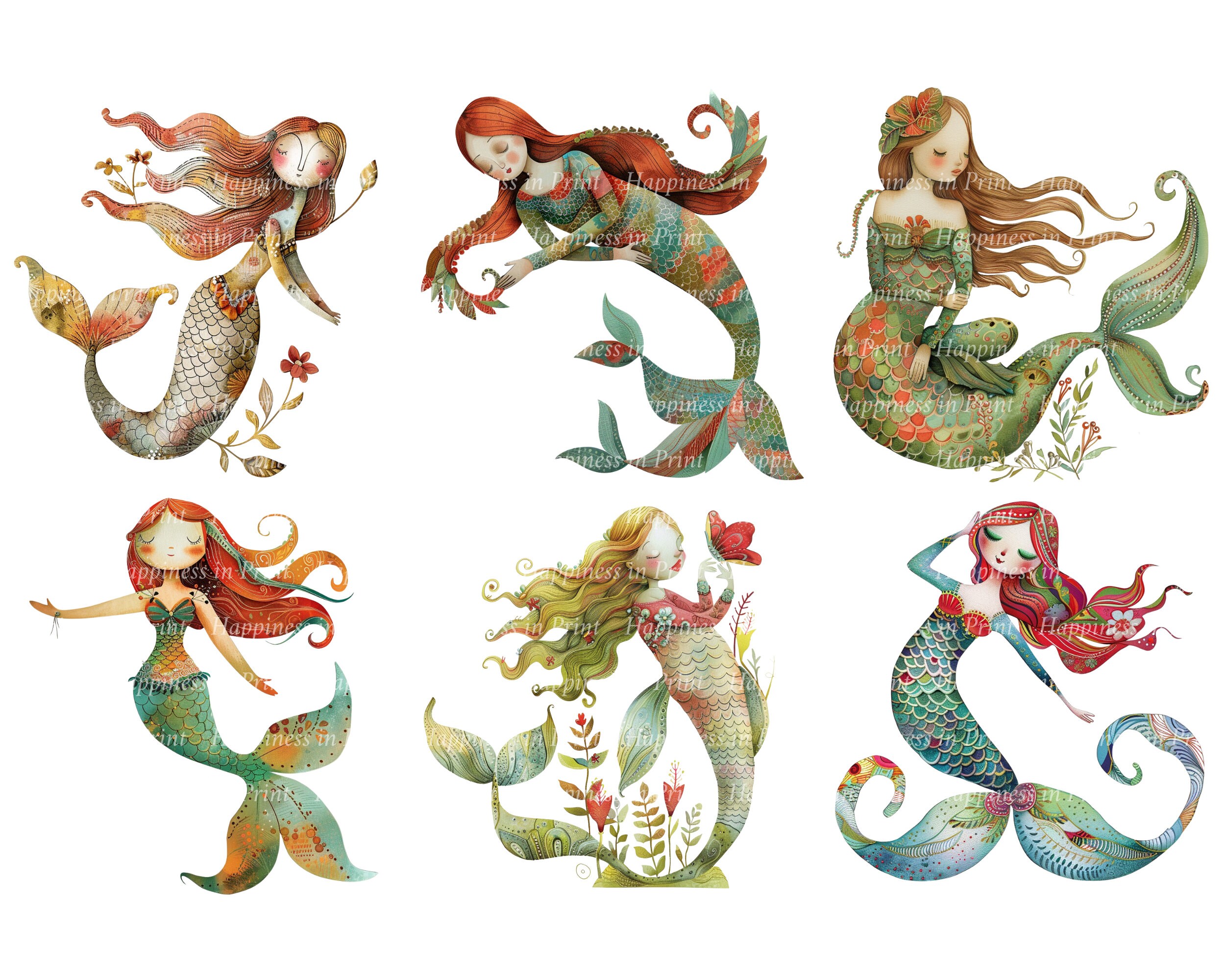 Whimsical Mermaid Clipart, Mixed Media Quirky Mermaid CU Clip Art ...