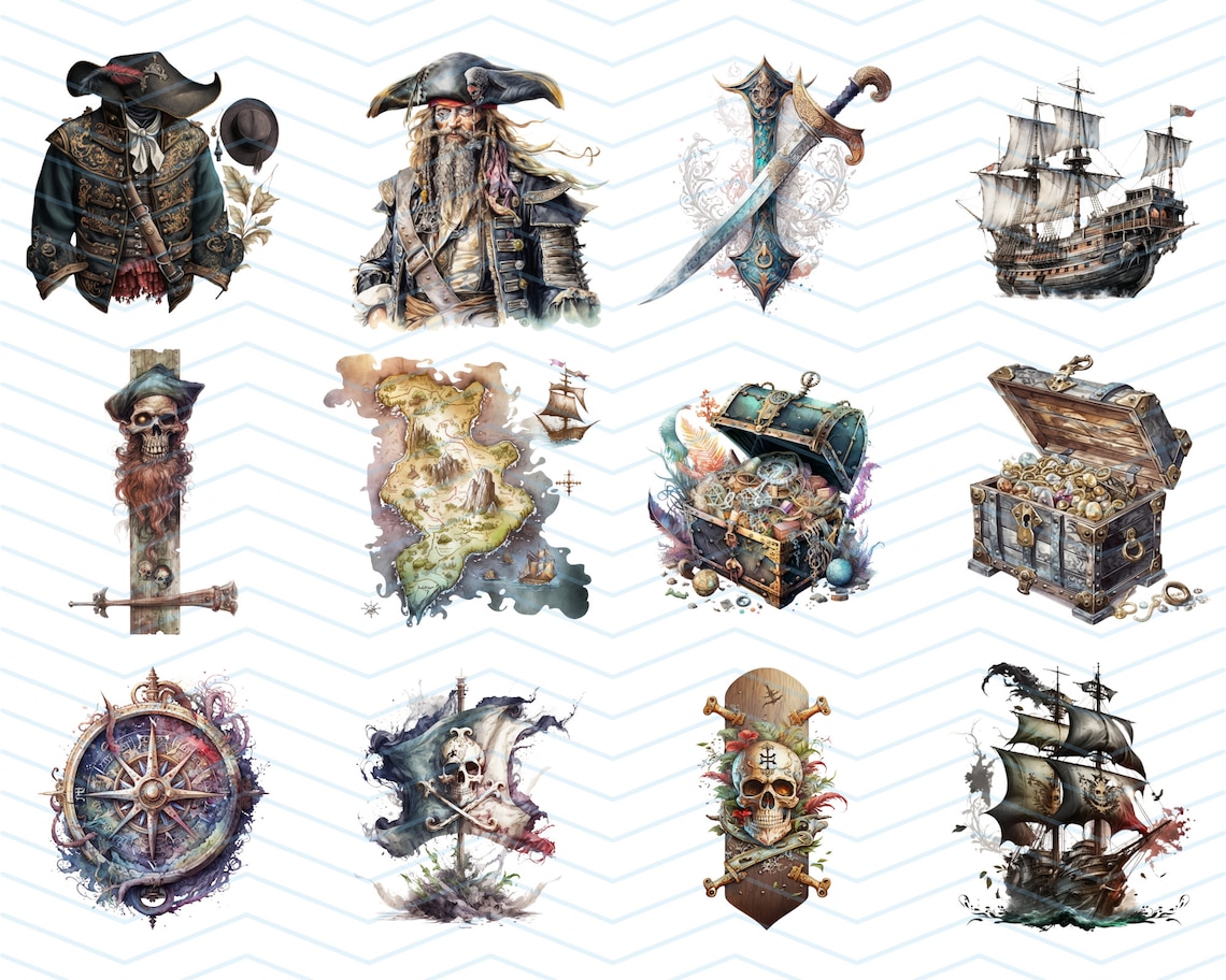Watercolor Fantasy Pirate Clipart PNG Watercolor Pirate Scrapbook Junk ...