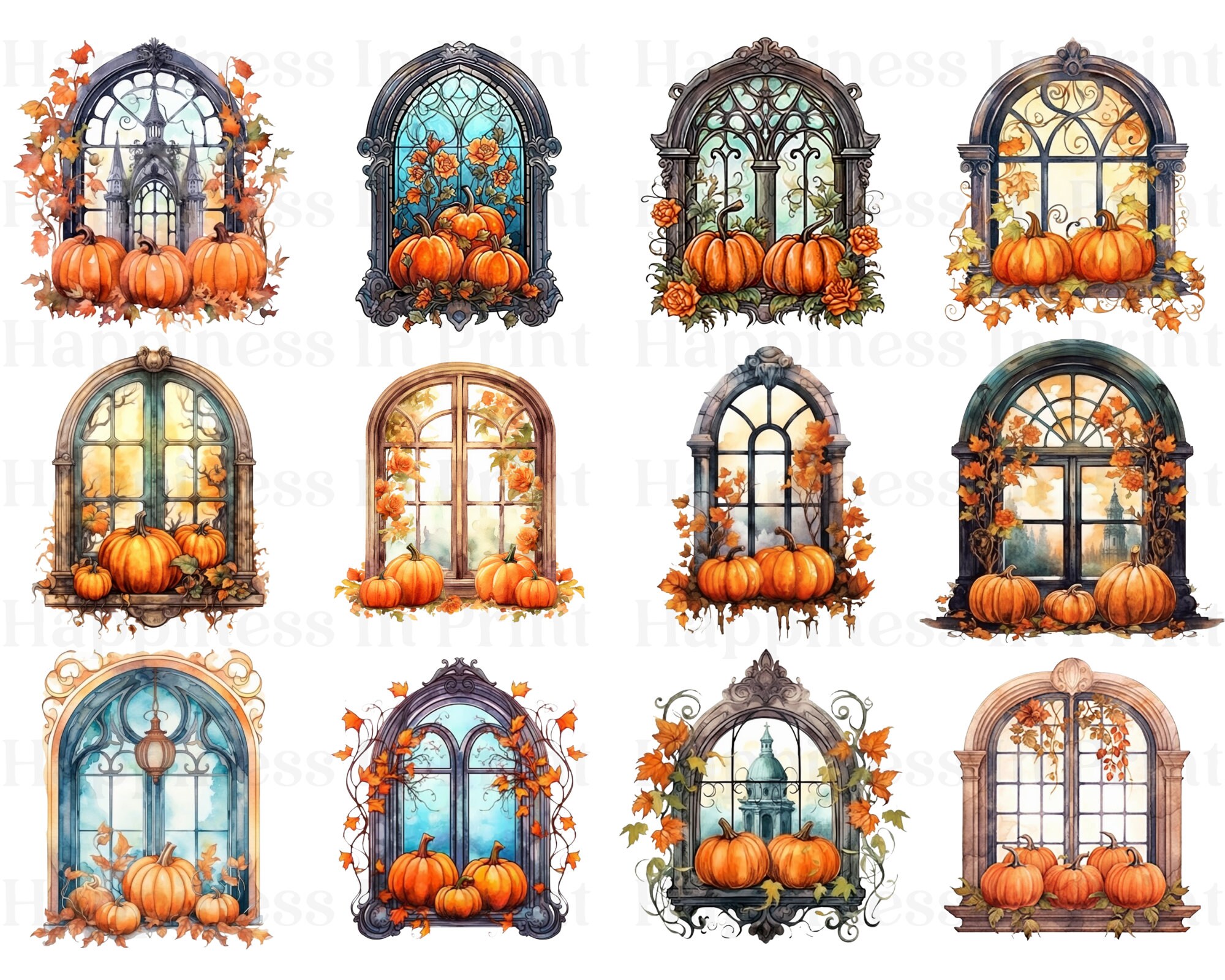 Goth Pumpkin Window Clipart Watercolor Goth Window Halloween - Etsy