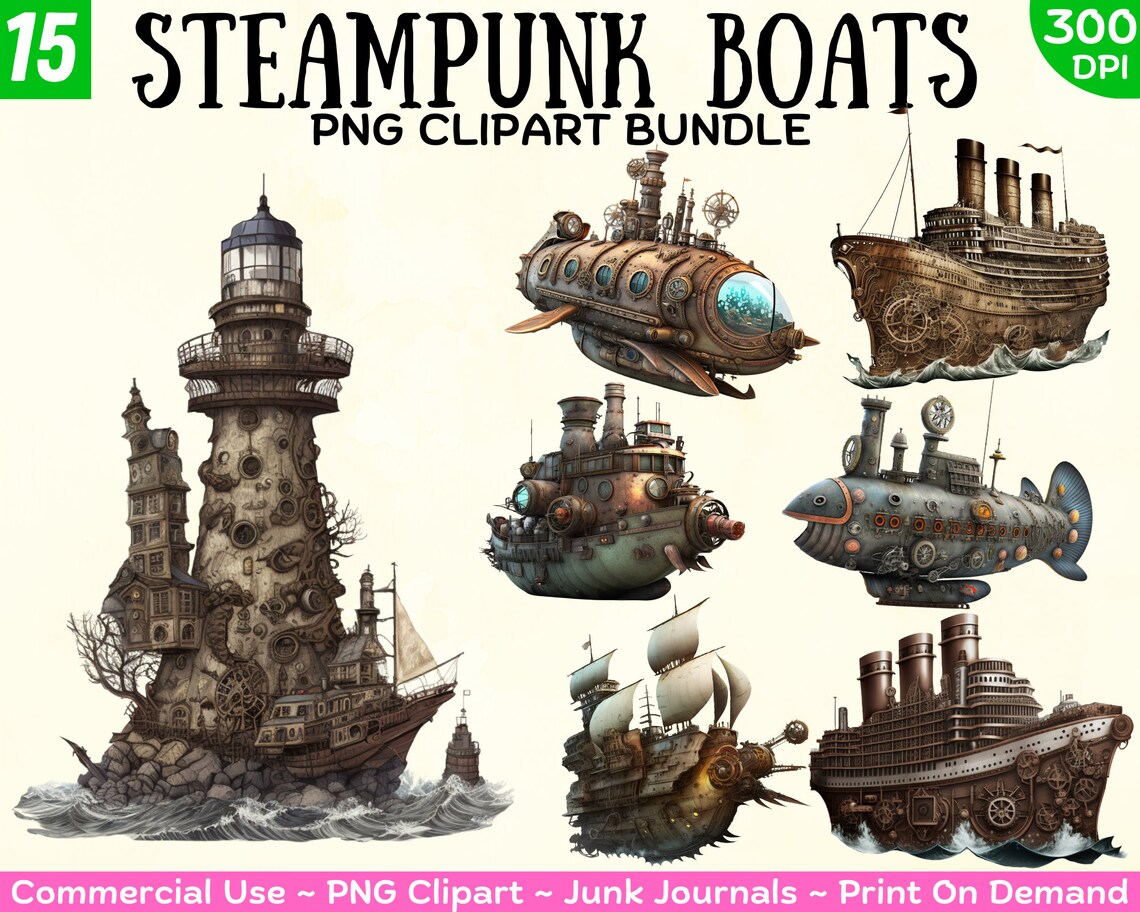 Steampunk Ships Boats Submarines PNG Clipart Bundle Steampunk - Etsy