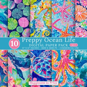 Preppy Sea Life Pack Digital Paper Seamless Pattern Printable Scrapbook ...