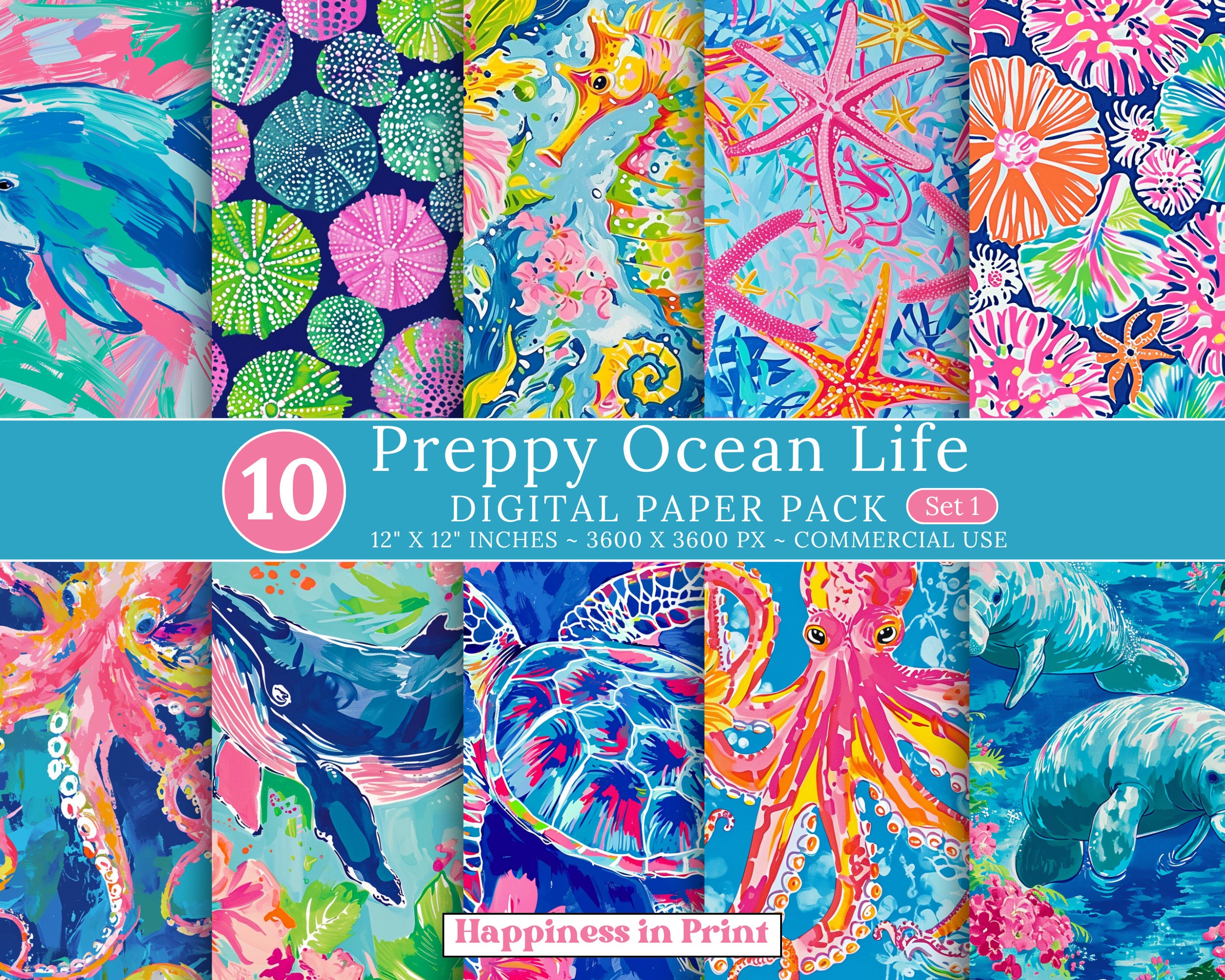Preppy Sea Life Pack Digital Paper Seamless Pattern Printable Scrapbook ...