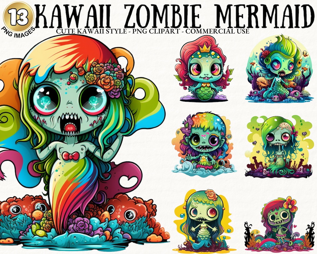 Zombie Little Mermaid Clipart Kawaii Scary Fish Mermaid PNG Rainbow ...