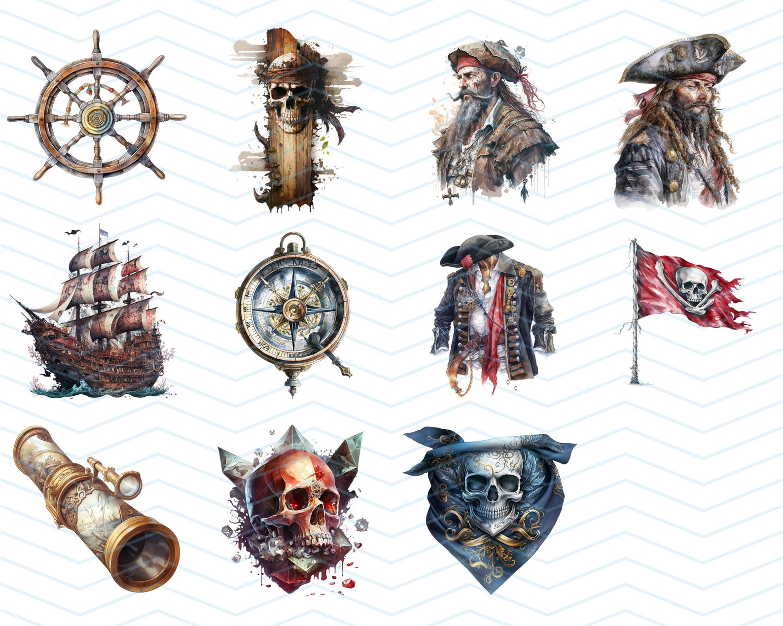 Watercolor Fantasy Pirate Clipart PNG Watercolor Pirate Scrapbook Junk ...