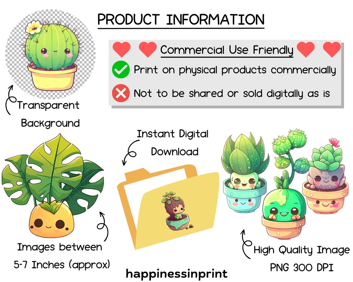 Cute Kawaii Houseplants PNG Clipart Bundle Chibi Cactus - Etsy