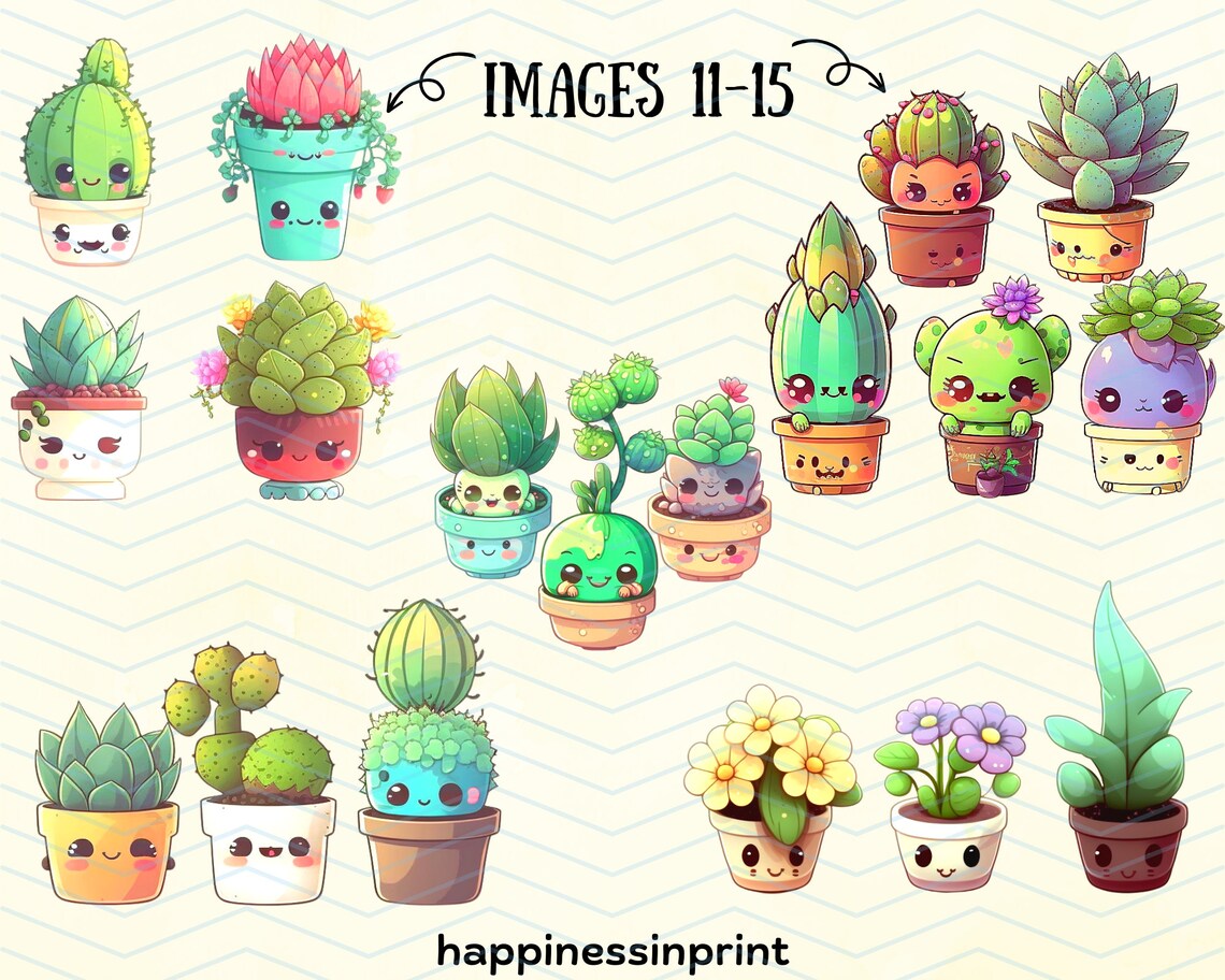Cute Kawaii Houseplants PNG Clipart Bundle Chibi Cactus - Etsy