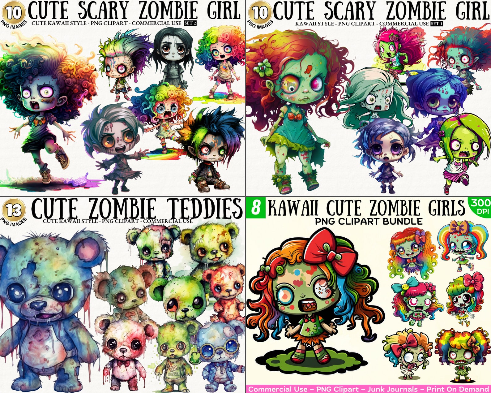 Halloween Clipart Bundle Zombie Girl Clipart Kawaii Cute Zombie PNG ...