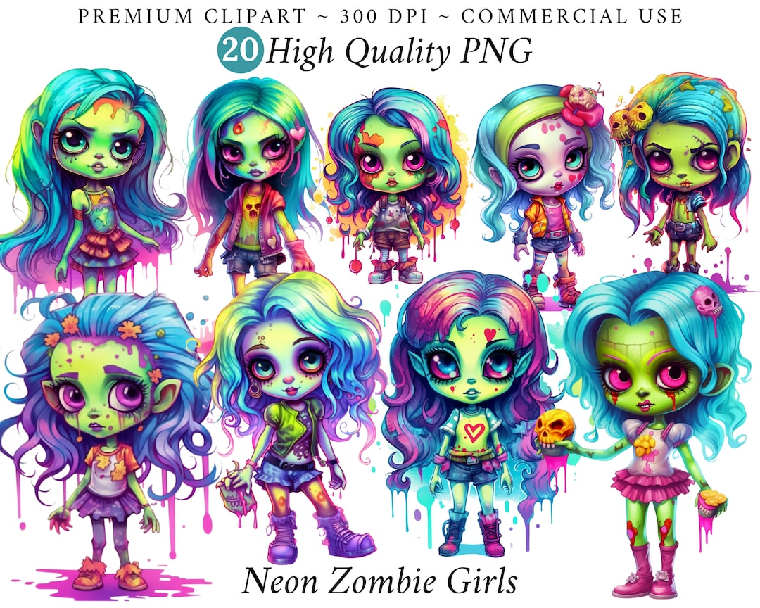 Neon Zombie Girl Clipart PNG Scary Zombie Clip Art Halloween Zombie ...