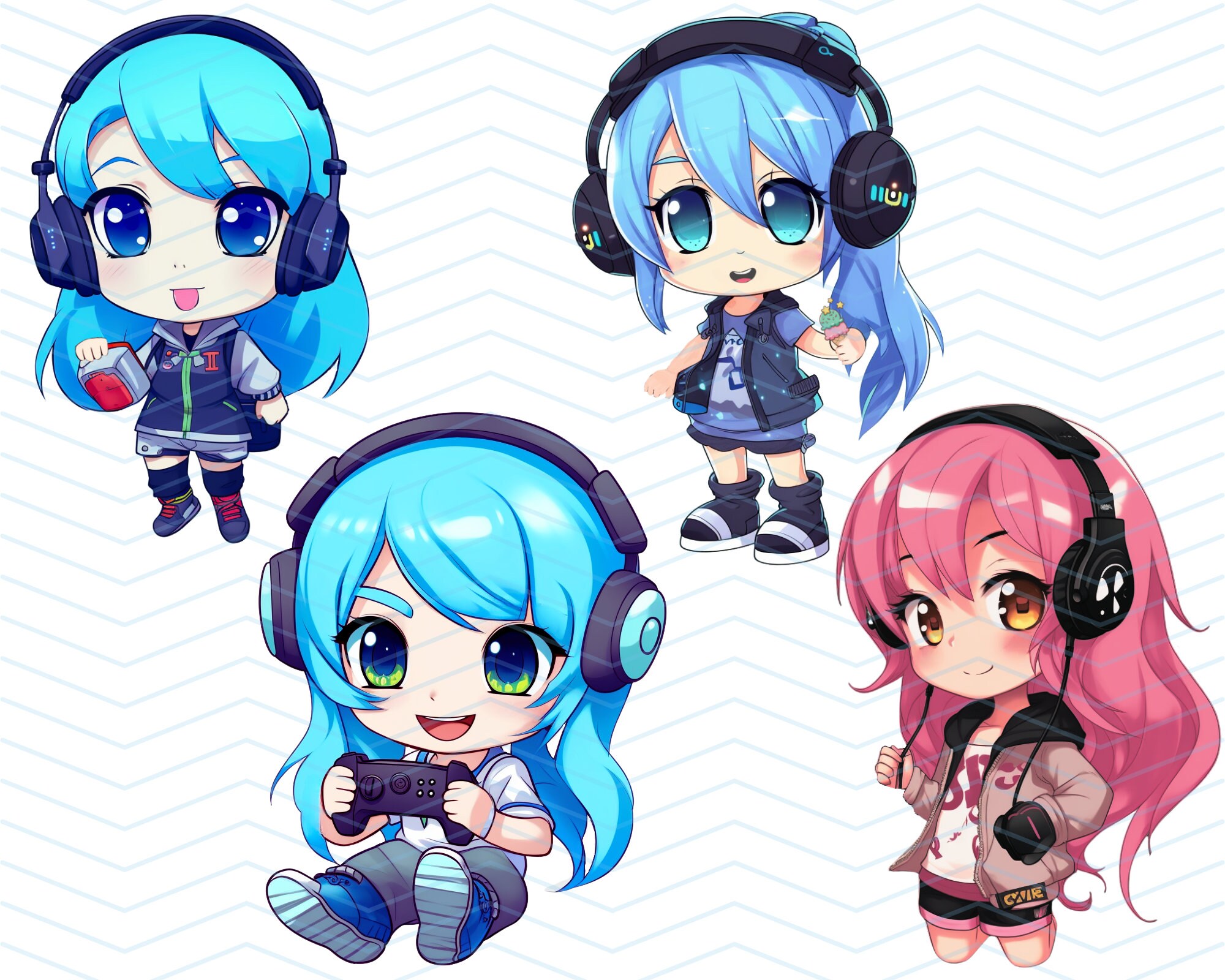Cute Kawaii Gamer Girl Video Game Player Clipart Chibi Bundle Free ...