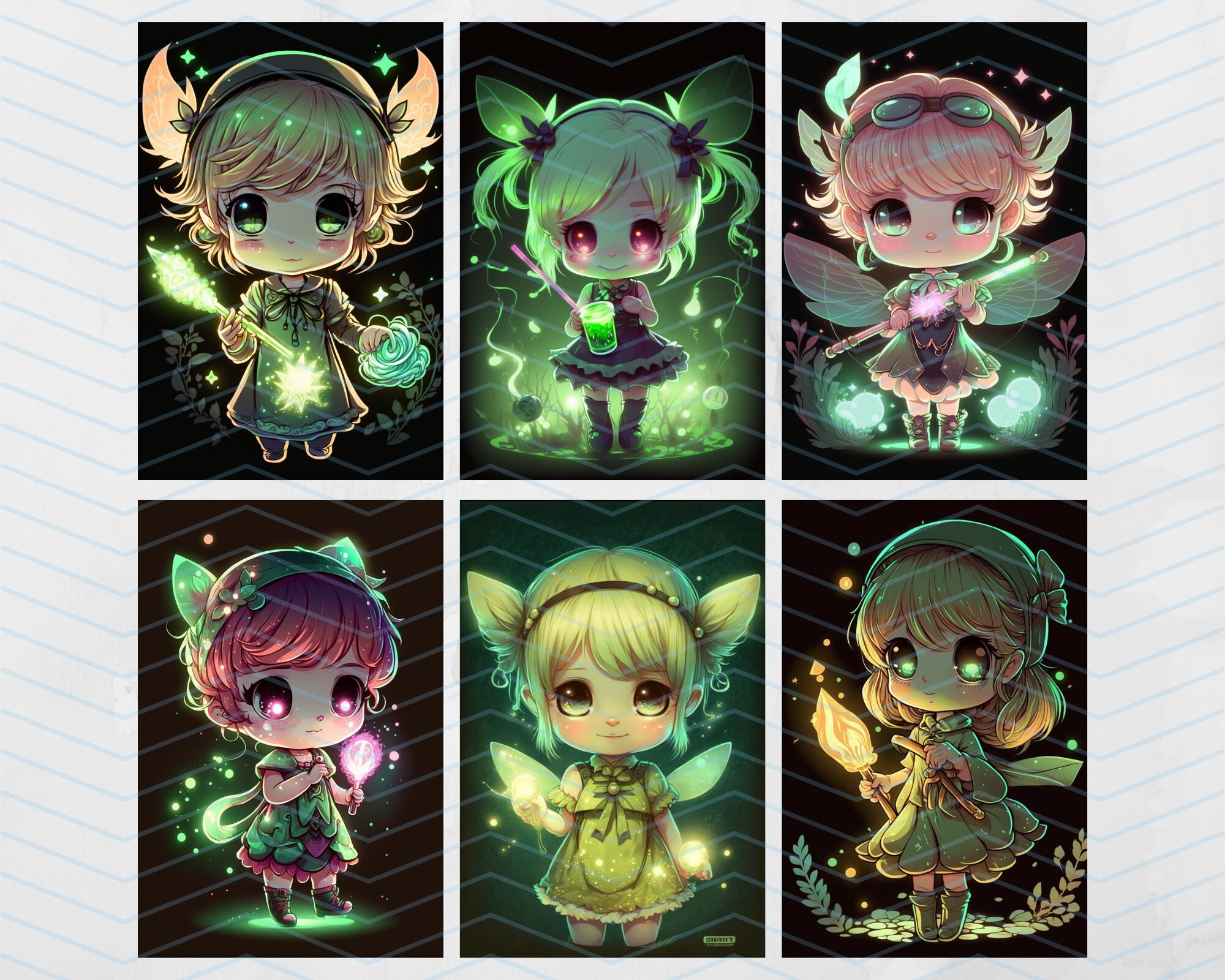Cute Kawaii Neon Fairies and Pixies Clipart Bundle Chibi Fairy JPEG ...