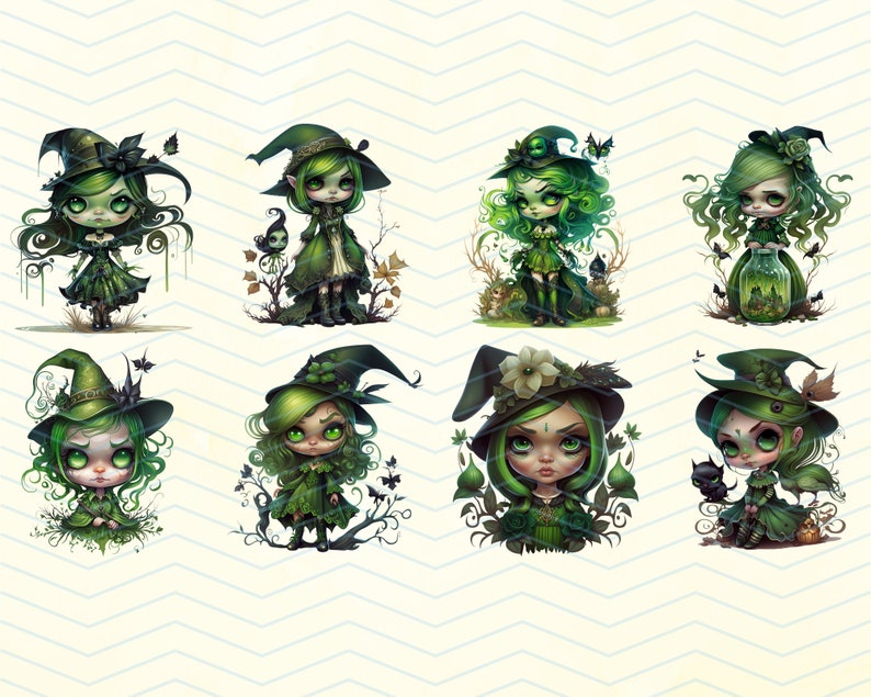 8 Cute Green Witch Clipart Bundle Watercolor Green Witch PNG Pack Free ...