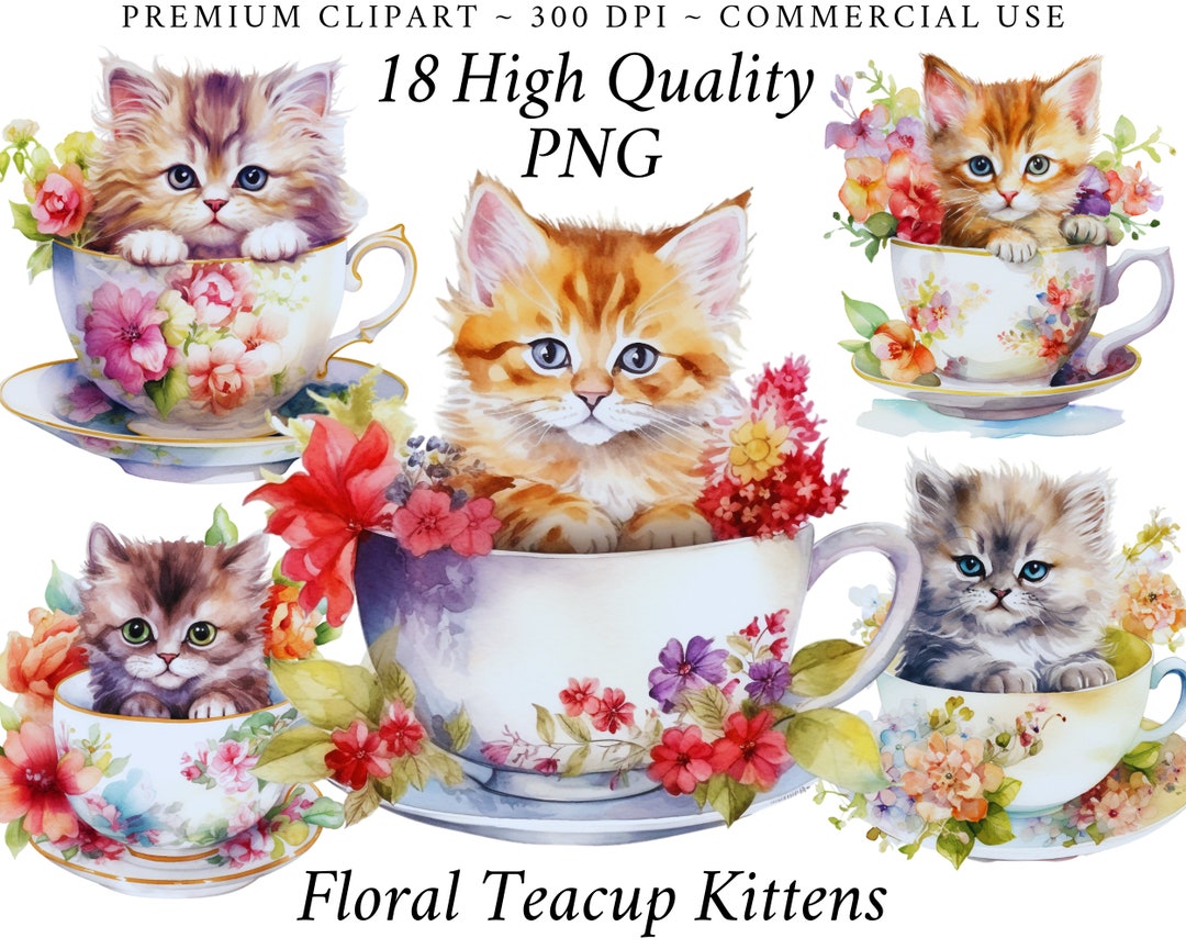 Watercolor Kitten in Teacup Clipart PNG Printable Floral Cat Tea Party ...