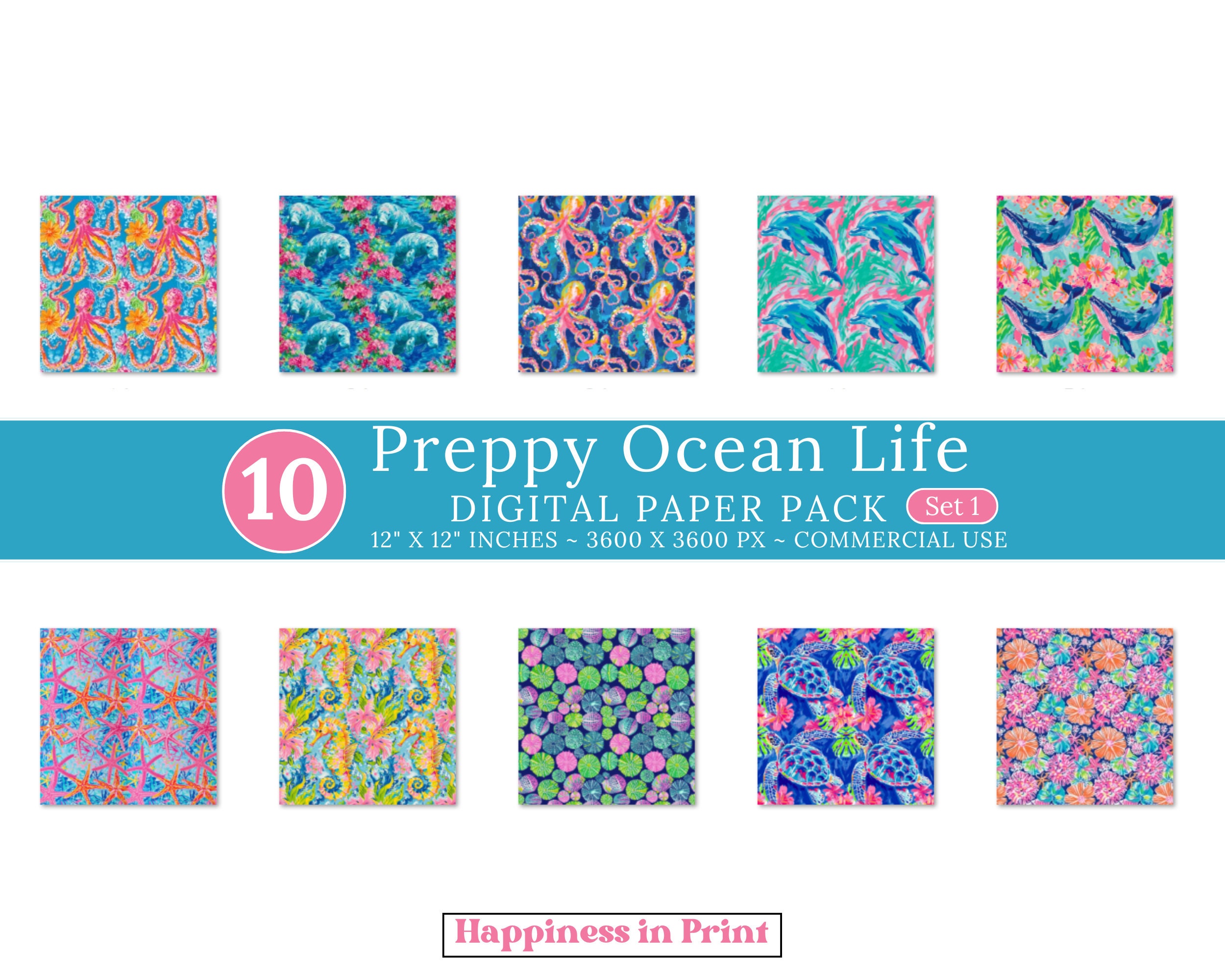 Preppy Sea Life Pack Digital Paper Seamless Pattern Printable Scrapbook ...