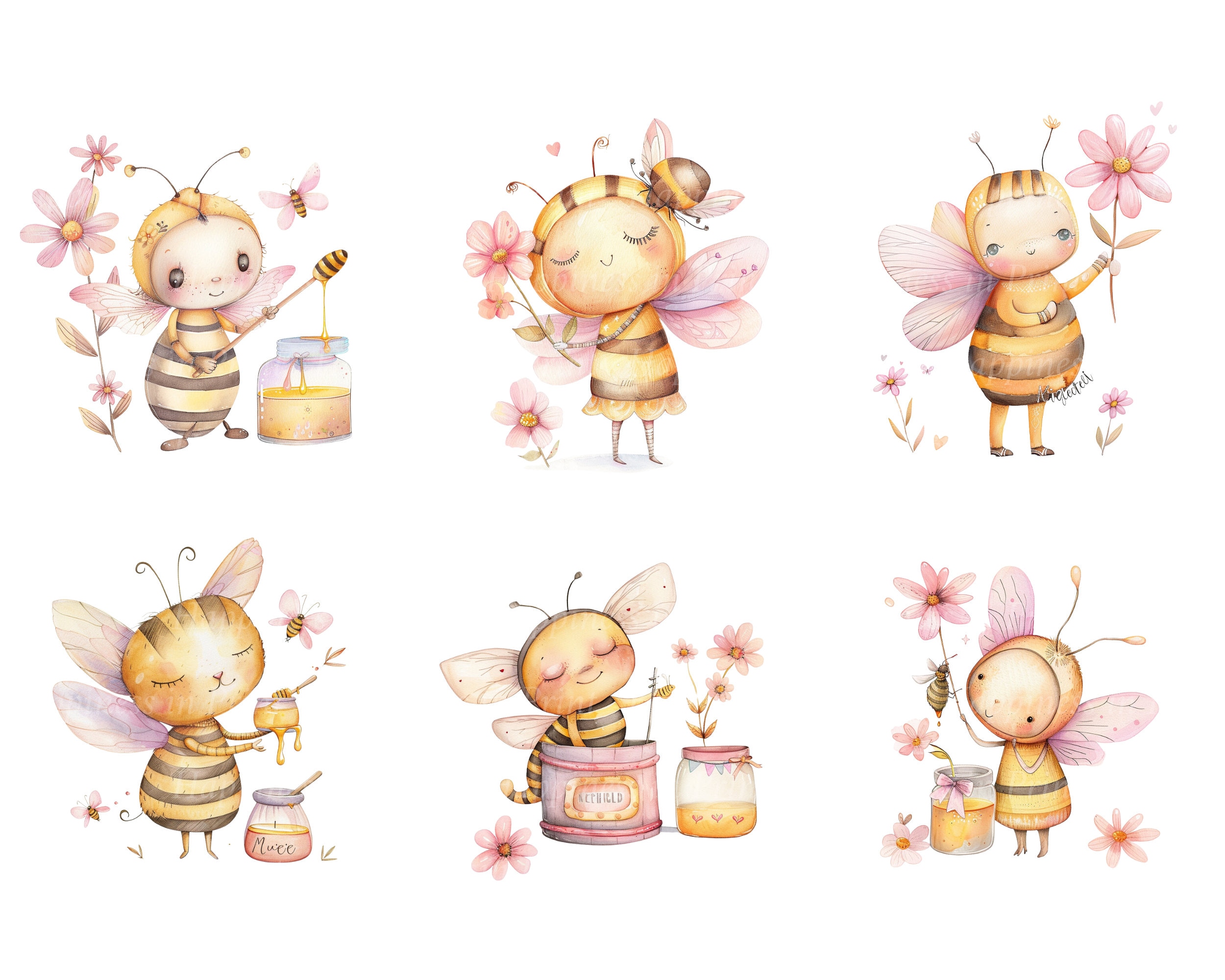 Watercolor Cute Bee Clipart Bees Clip Art Cute Animals Pastel Pink Bee ...