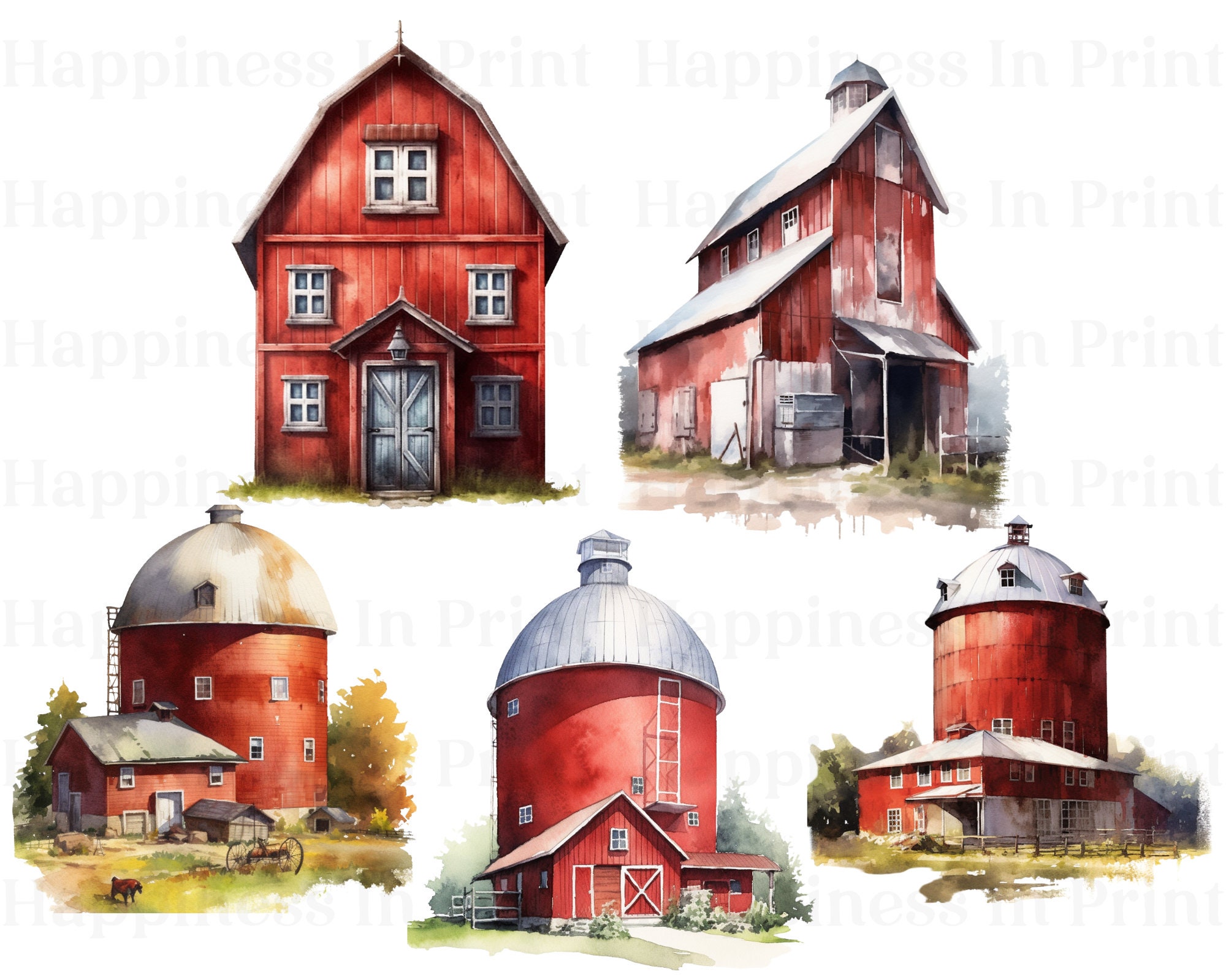 Red Farm Barn and Silo Watercolor Clipart Farmhouse Clipart - Etsy