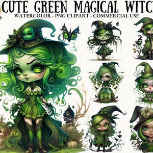 8 Cute Green Witch Clipart Bundle Watercolor Green Witch PNG Pack Free ...