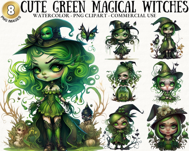 8 Cute Green Witch Clipart Bundle Watercolor Green Witch PNG Pack Free Commercial Use Print on ...