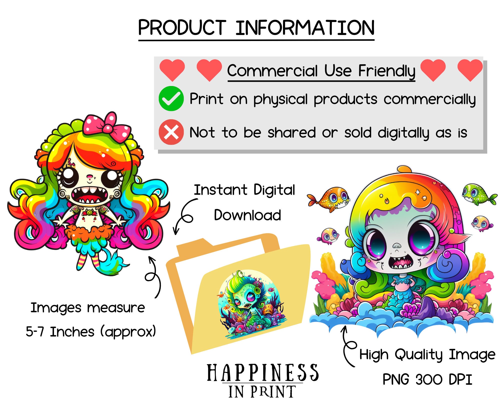 Zombie Little Mermaid Clipart Kawaii Scary Fish Mermaid PNG Rainbow ...