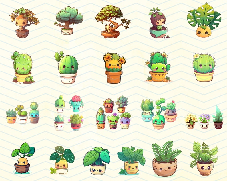 Cute Kawaii Houseplants PNG Clipart Bundle Chibi Cactus - Etsy