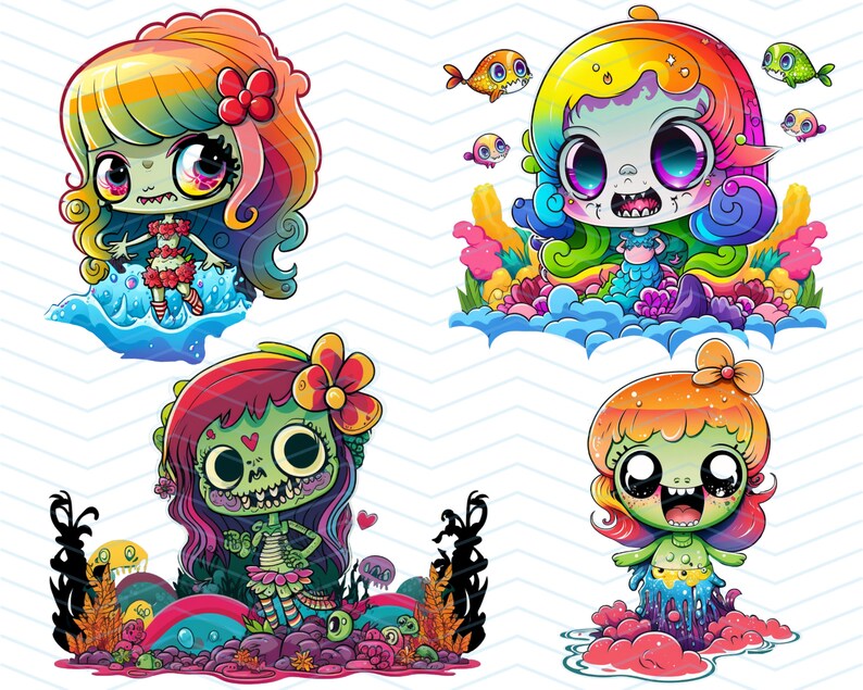 Zombie Little Mermaid Clipart Kawaii Scary Fish Mermaid PNG Rainbow ...