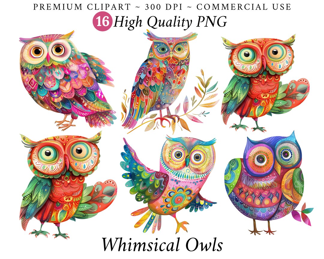 Whimsical Owl Clipart PNG, Watercolor Owl PNG, Quirky Owl Junk Journal ...