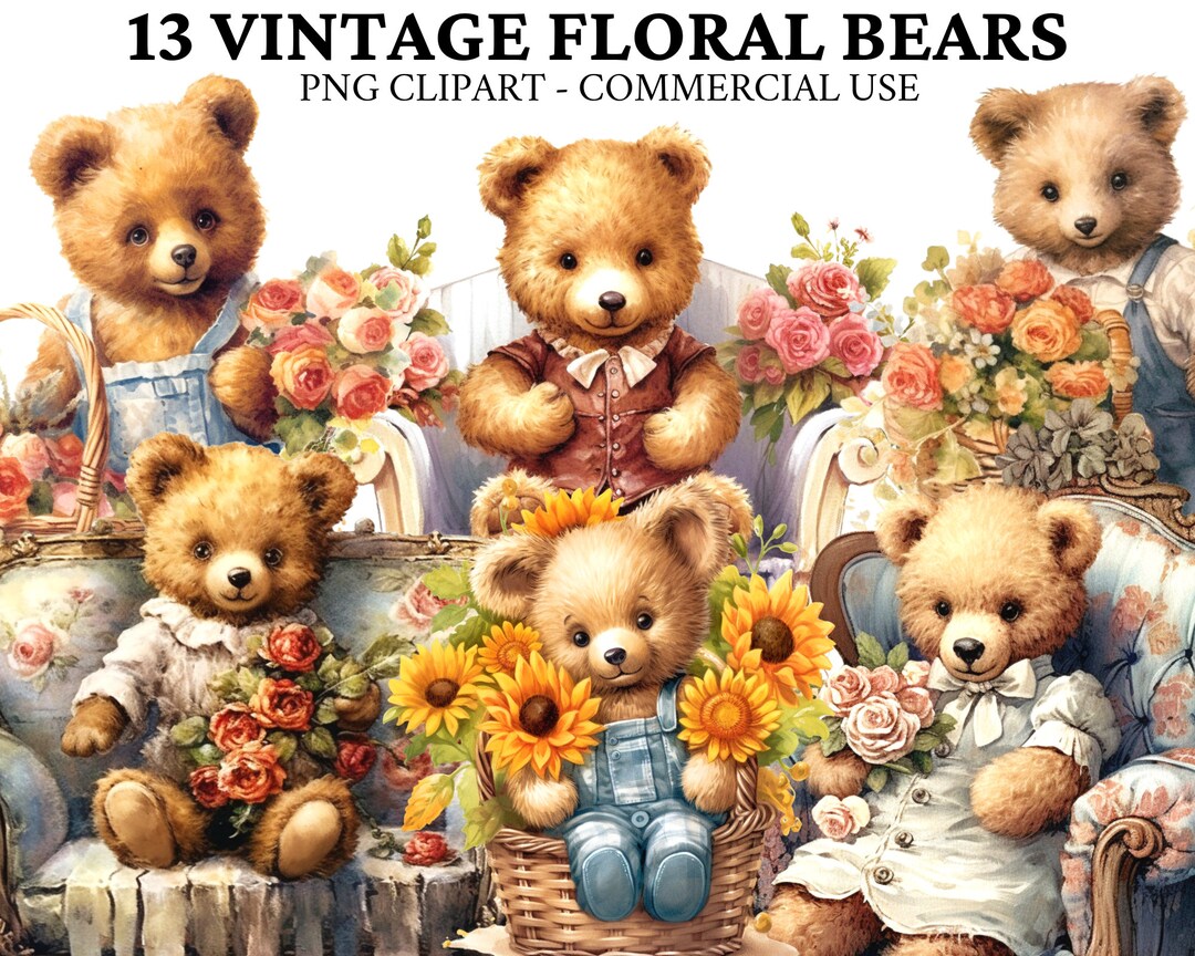 Vintage Floral Bear Clipart Vintage Bear Clipart Printable Art Planner ...