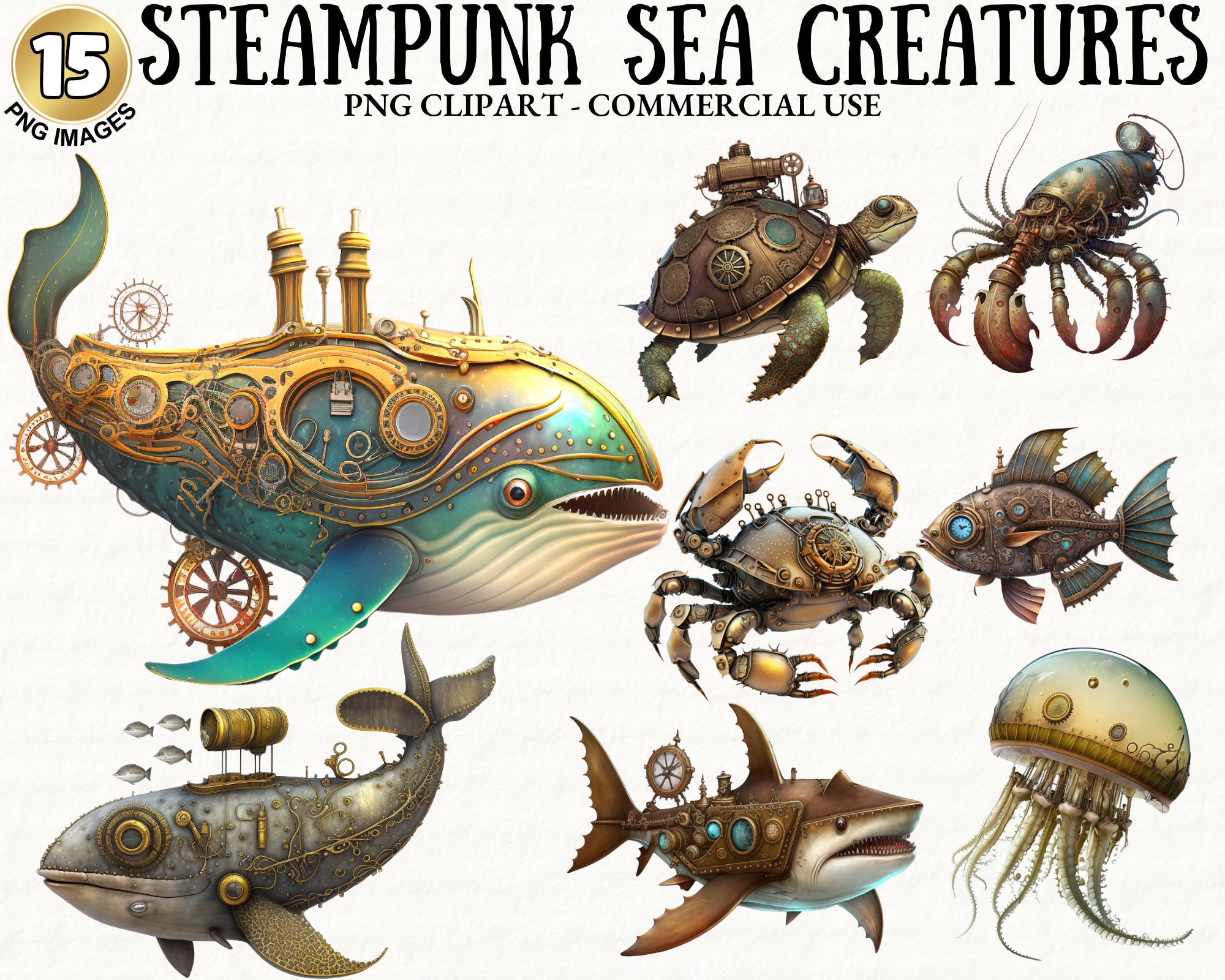 30 Steampunk Sea Creatures Clipart Bundle Steampunk Shark Whale Crab ...