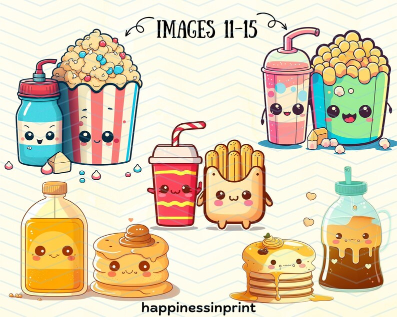 Cute Kawaii Fun Food PNG Clipart Bundle Chibi Popcorn Icecream Clipart ...