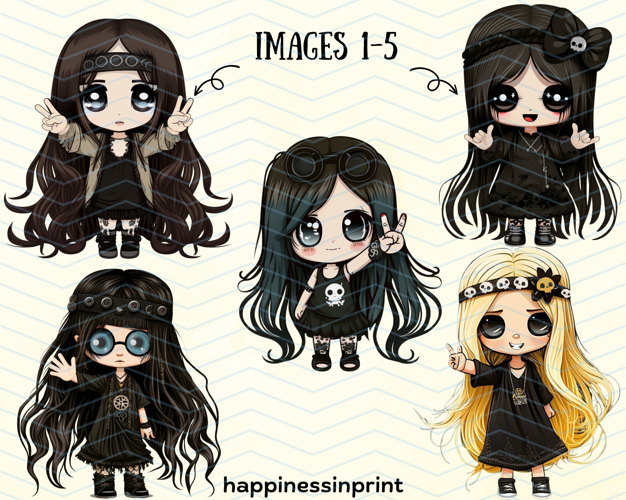 Cute Kawaii Goth Girl Peace Sign Hippy Clipart Chibi Bundle Free ...