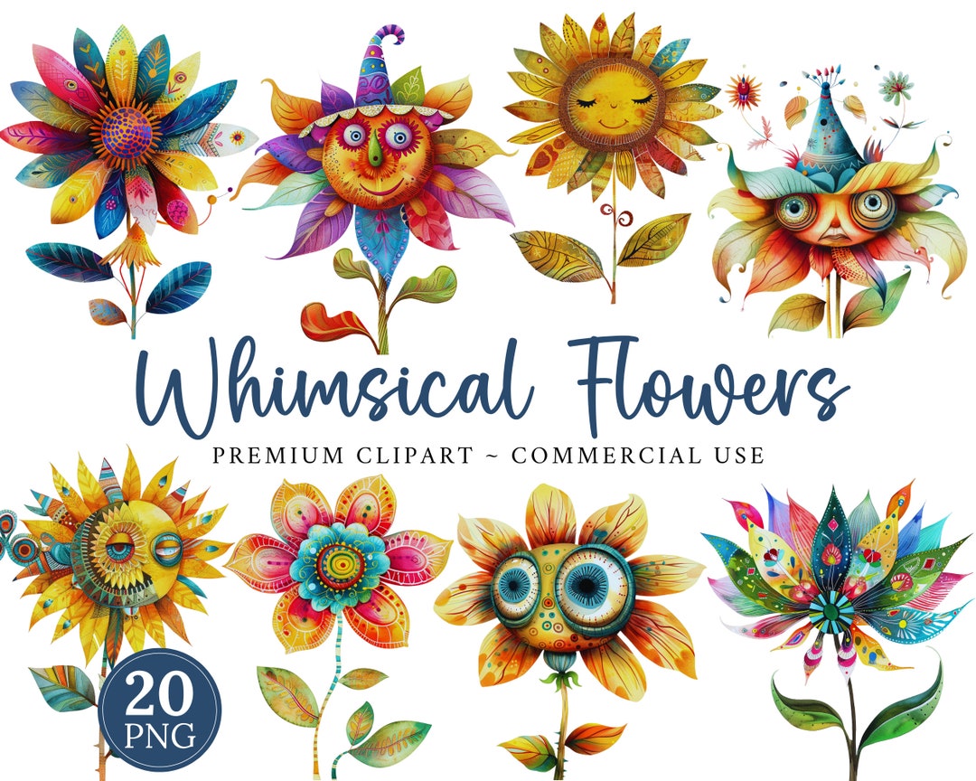 Whimsical Flowers Clipart, Quirky Flower Clip Art, Whimsical Elements ...