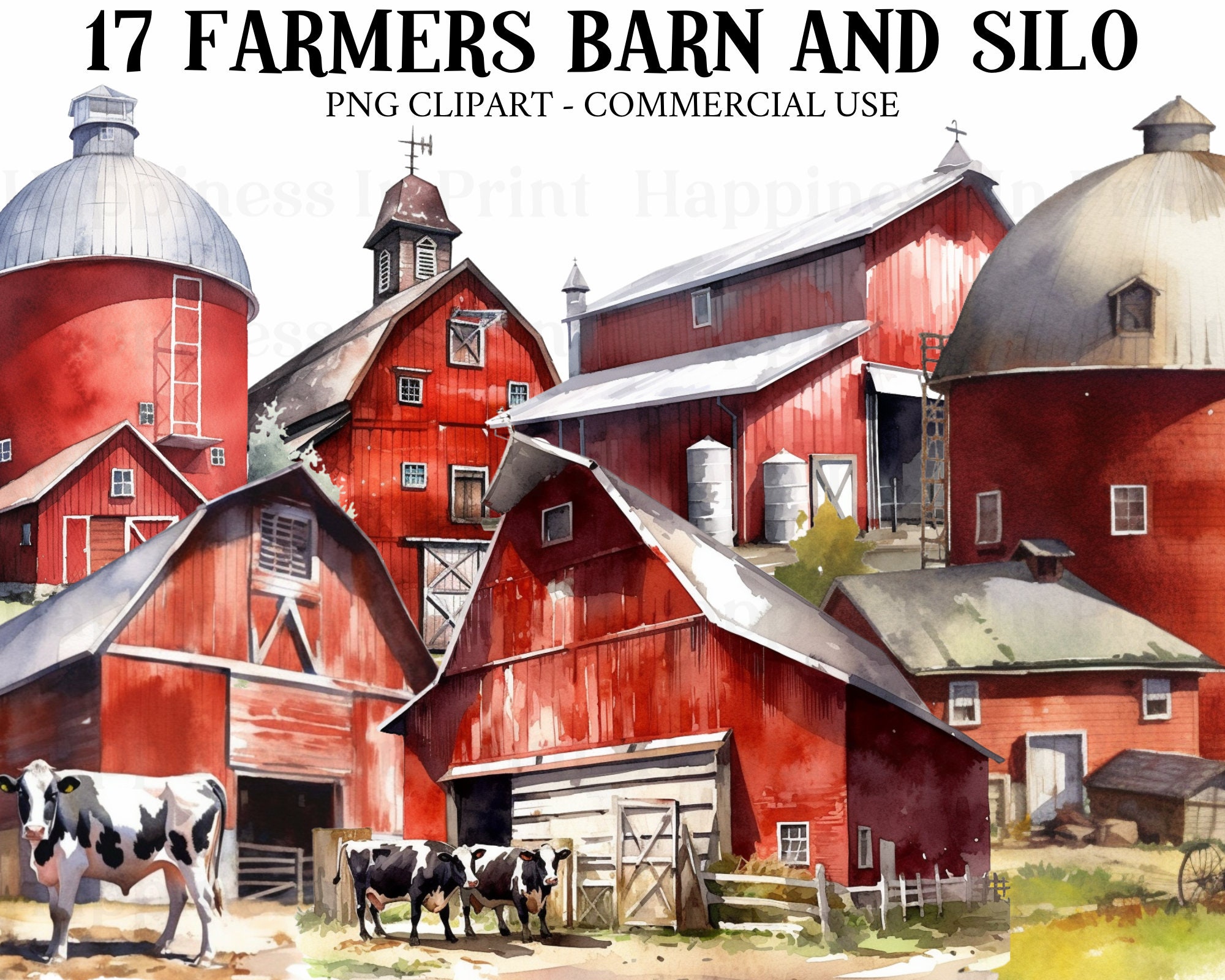 Red Farm Barn and Silo Watercolor Clipart Farmhouse Clipart - Etsy