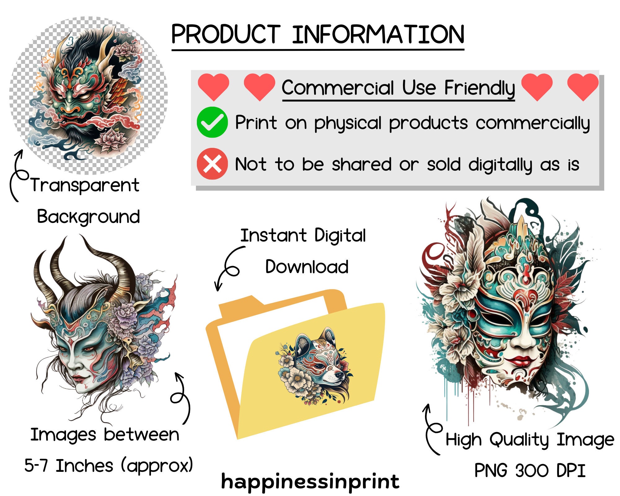 Japanese Masks Oni Kitsune Samurai Clipart Bundle Theatre Mask Japan ...