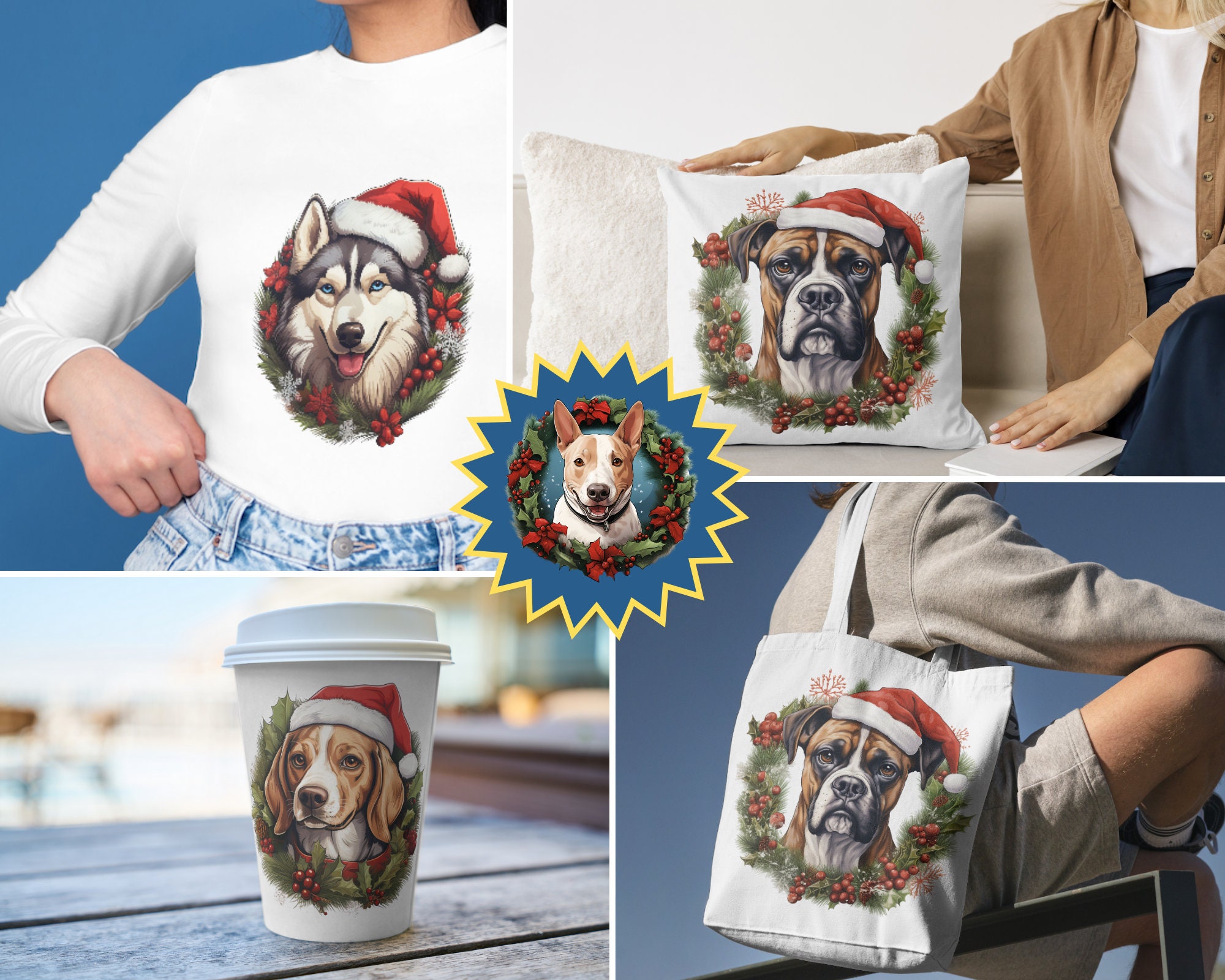 Christmas Dog Wreath Watercolor Clipart Bundle PNG Festive Pup Wreath ...