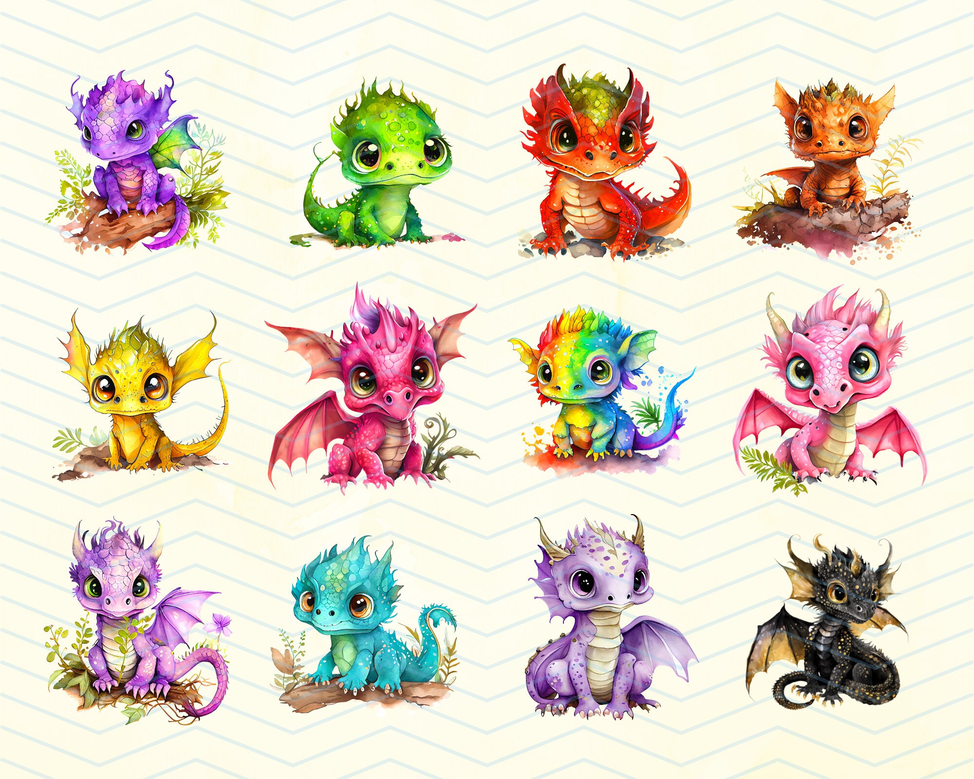 Baby Dragon Watercolor Rainbow Clipart PNG Cute Dragon Digital - Etsy