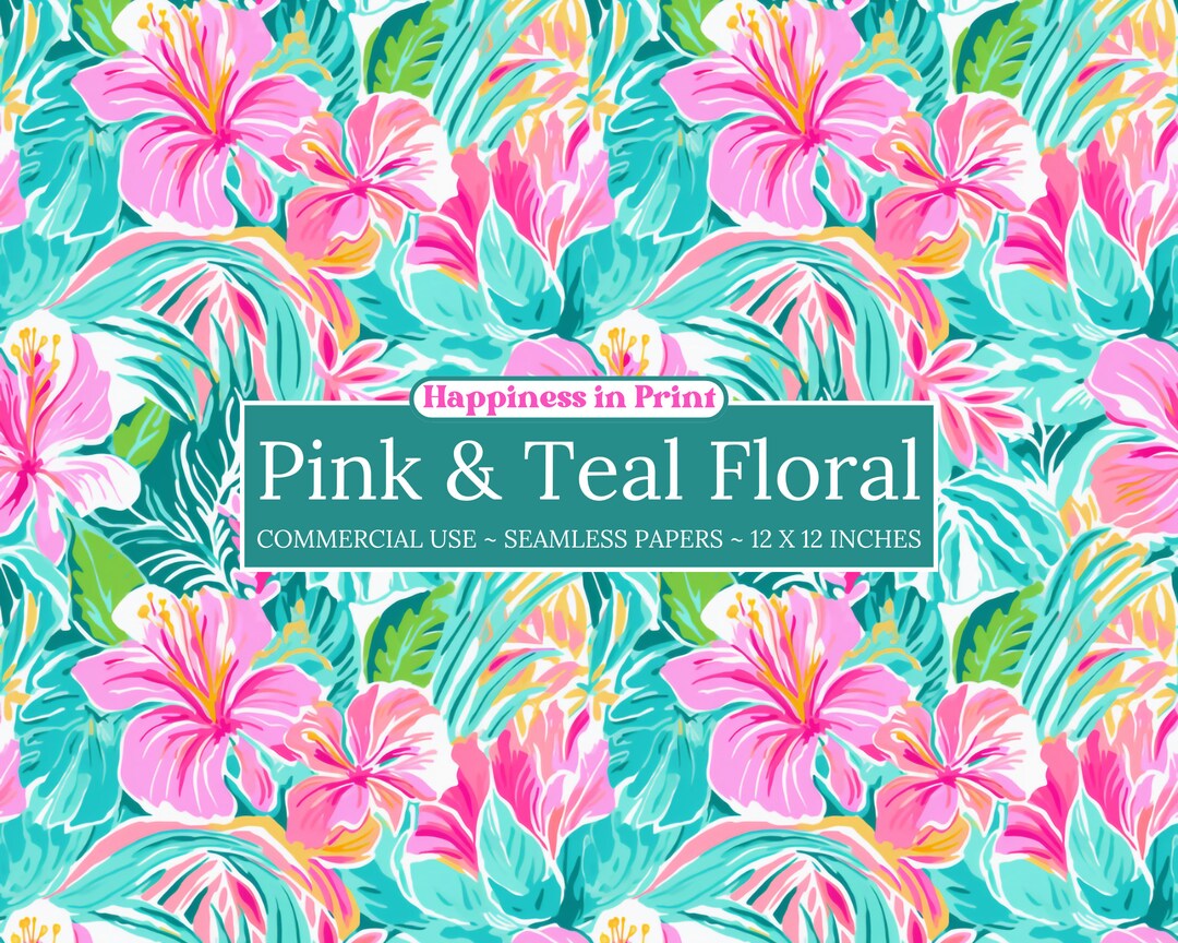 Preppy Tropical Pink & Teal Floral Digital Paper Seamless Tropical ...