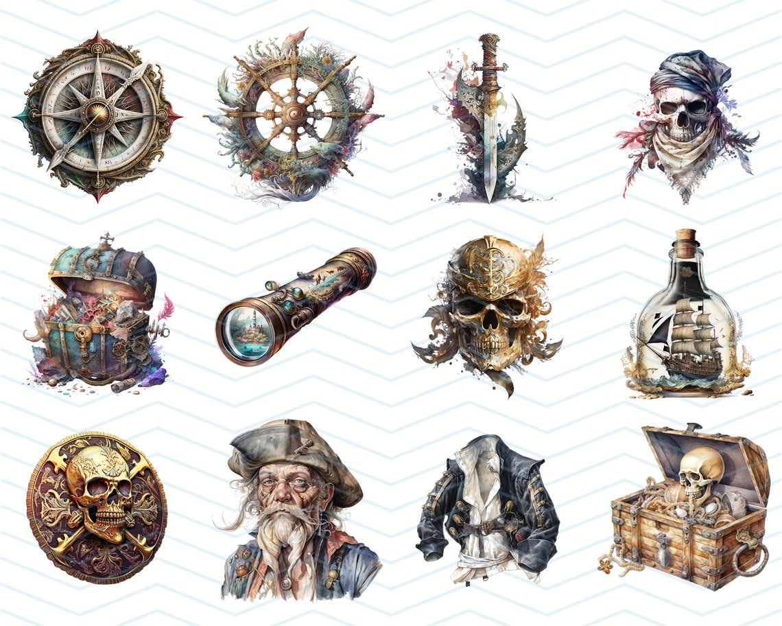Watercolor Fantasy Pirate Clipart PNG Watercolor Pirate Scrapbook Junk ...