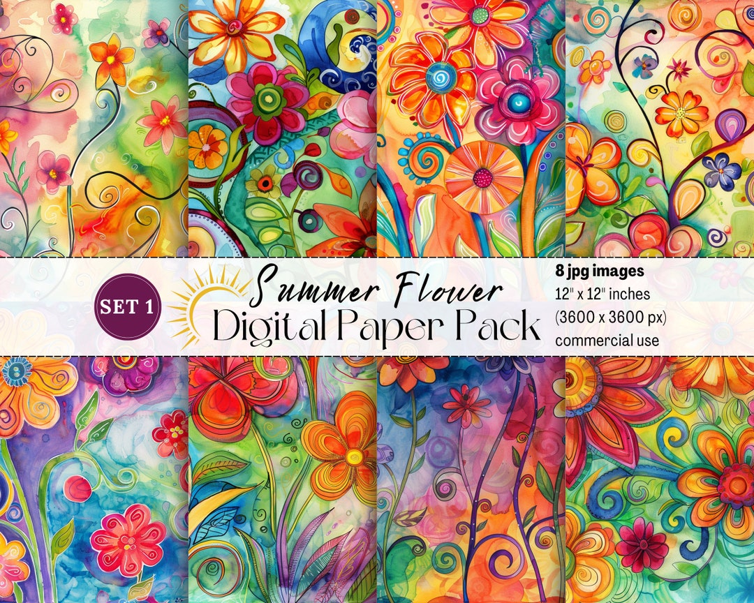 Summer Flower Digital Paper Commercial Use Watercolor Flower Background ...